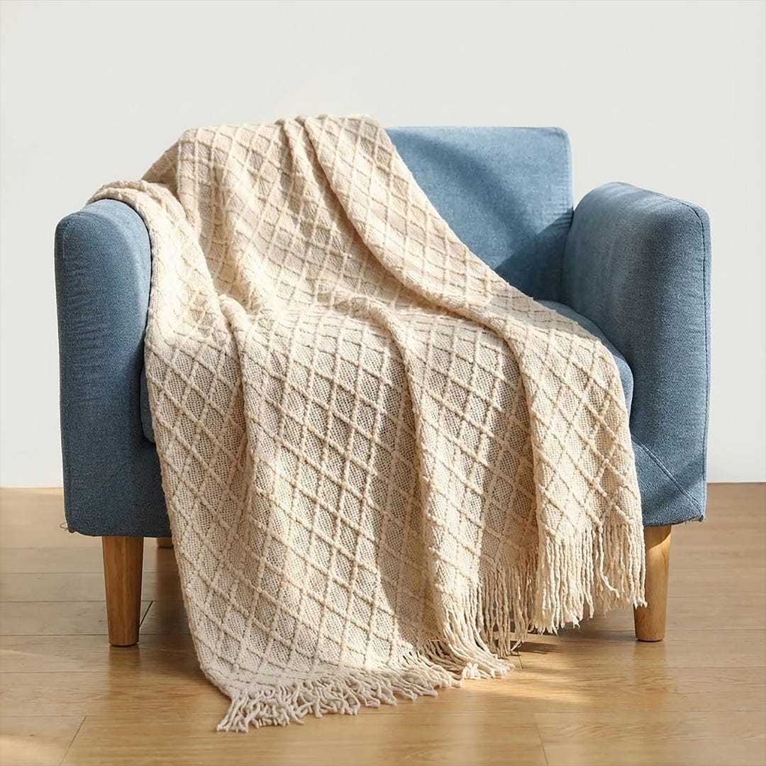 Nordic Knitted Throw Blanket, Boho Tassel Sofa Cover, Textured Woven ...