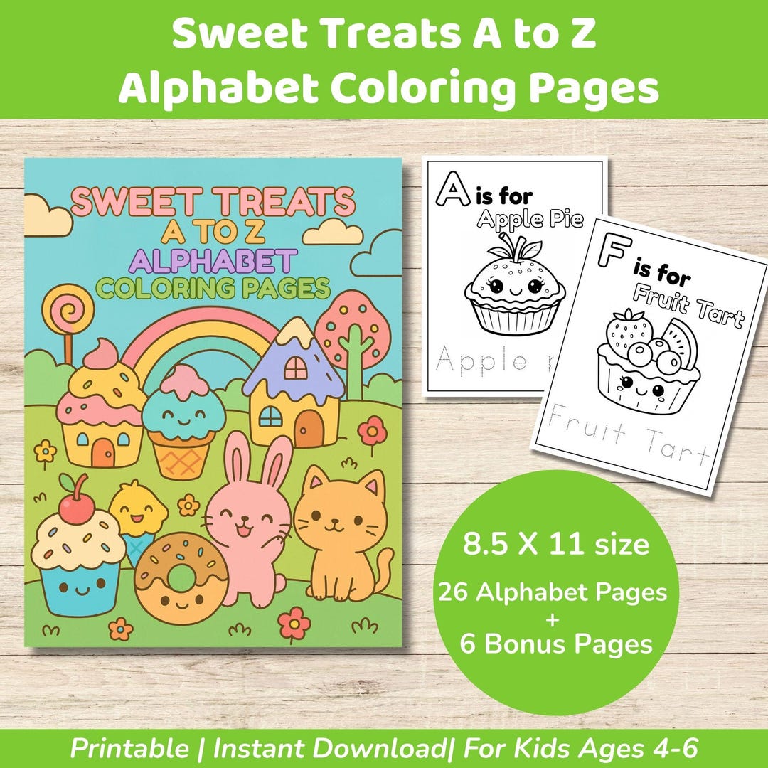 Sweet Treats Alphabet Coloring Pages: Kawaii Desserts, Tracing Practice ...