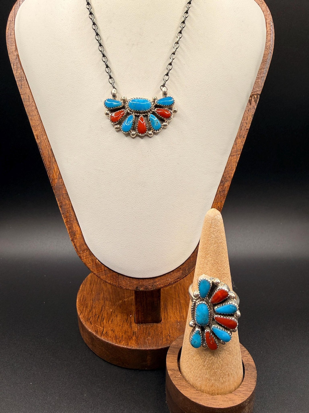 Alicia Wilson Navajo Turquoise Coral Cluster Necklace 18" Adjustable ...