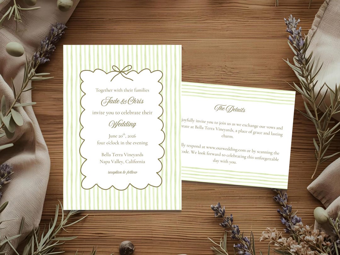 Green Stripes Wedding Invitation Template, Rustic Tuscan Vineyard ...
