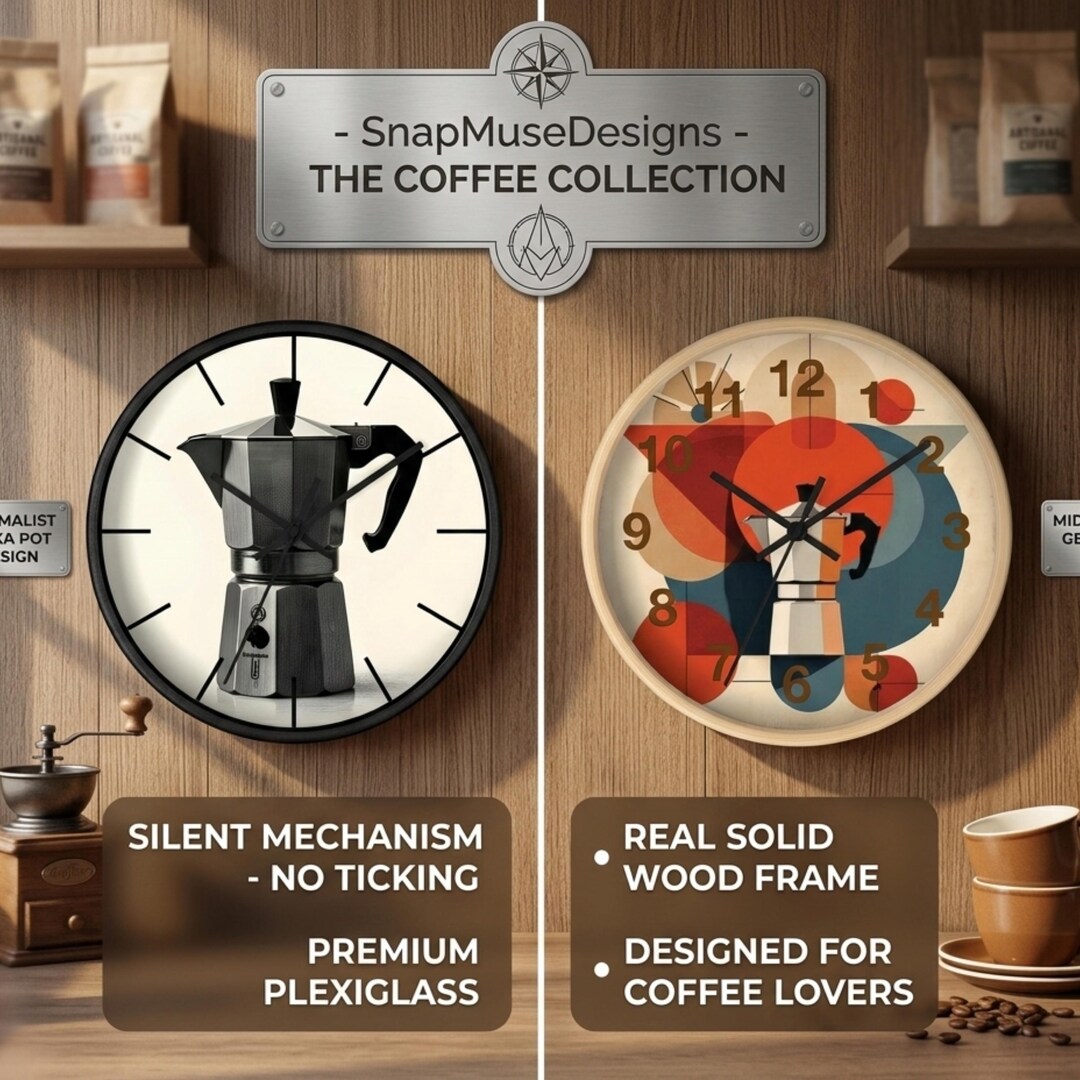 Mid Century Moka Pot Clock, Retro Coffee Kitchen Decor, Wooden Frame ...