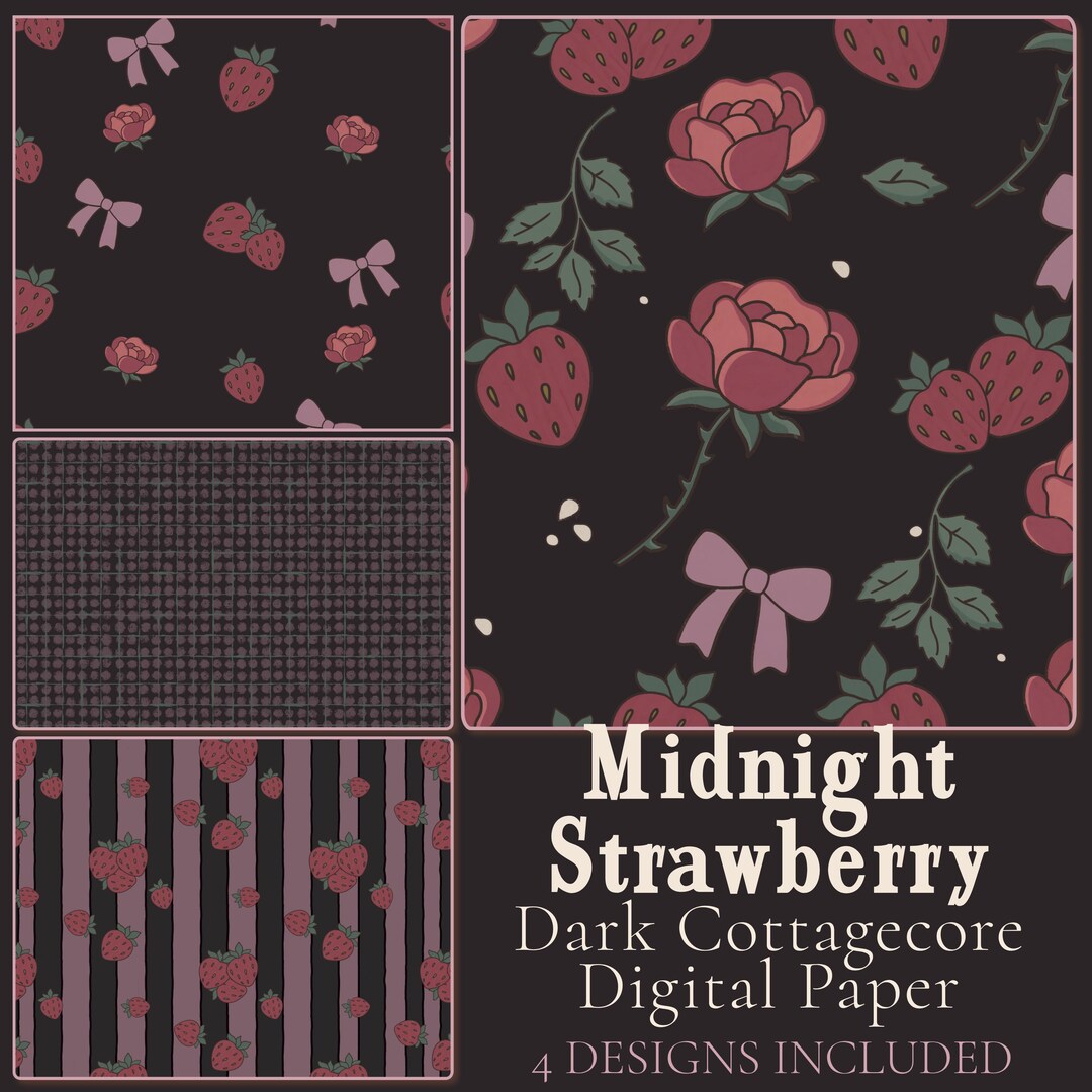 Dark Cottagecore Digital Paper, Strawberry Pattern Bundle, Soft Gothic ...