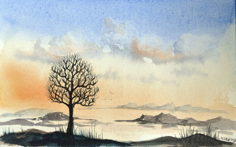 Sunset by the sea watercolor original painting by artist Ilse | Etsy