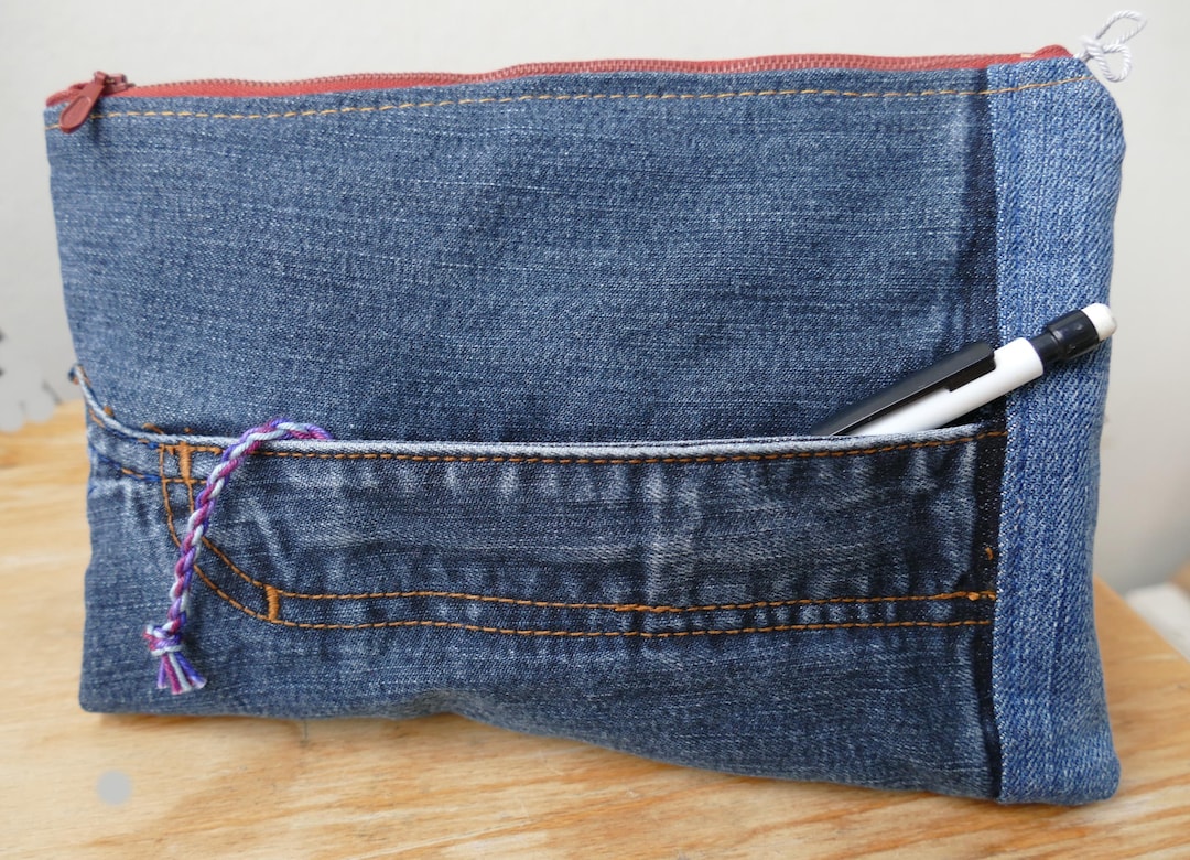 Blue Denim Pouch. Upcykled Jeans and Cotton Fabric Pocket Make-up Bag ...