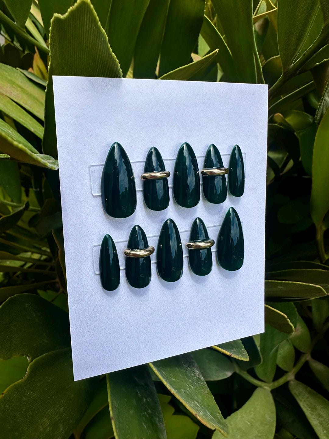 Emerald Green Handmade Press on Nail Set With Gold Ring Accents - Etsy