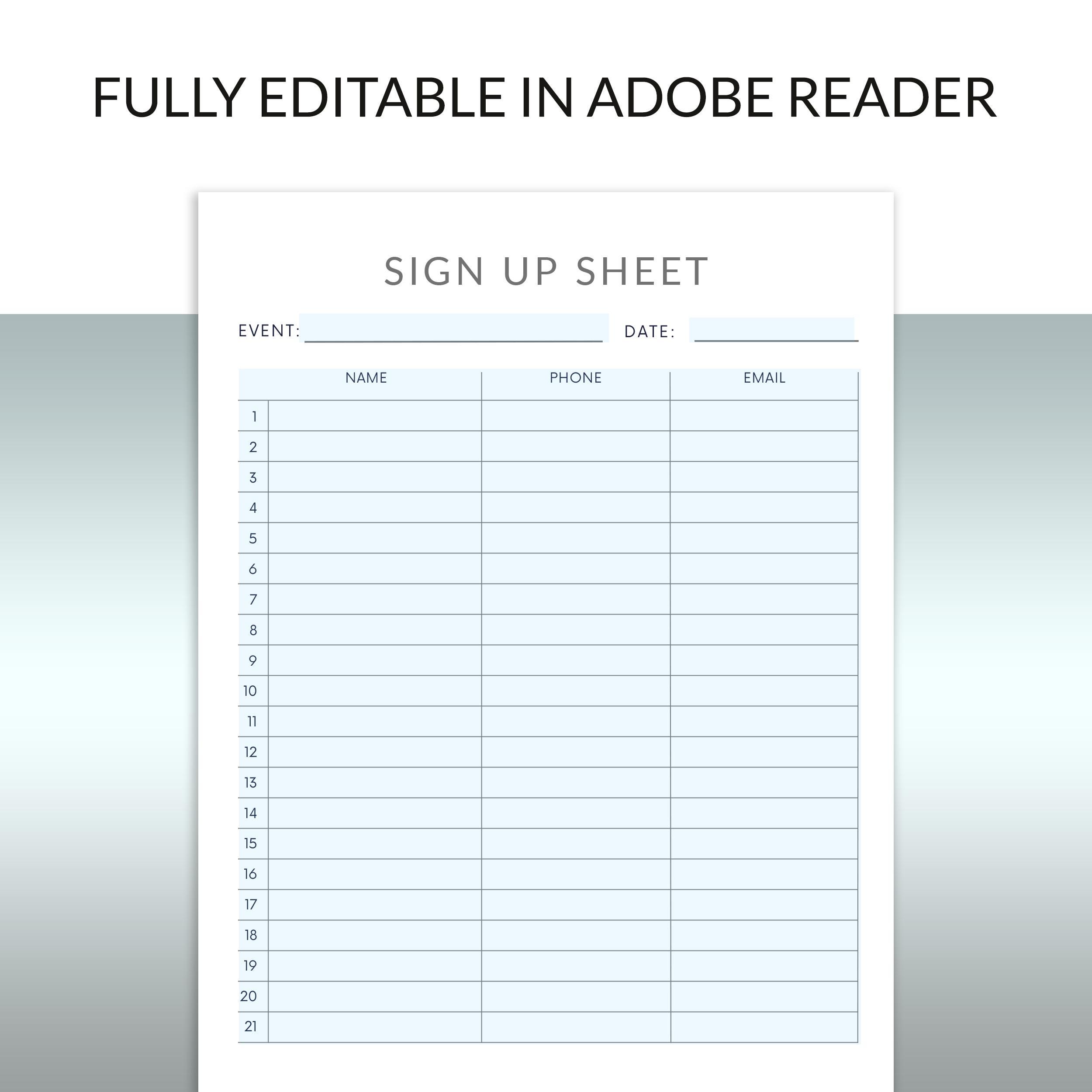Editable Sign up Sheet, PDF Sign up Template, Fillable Sign-up Form ...