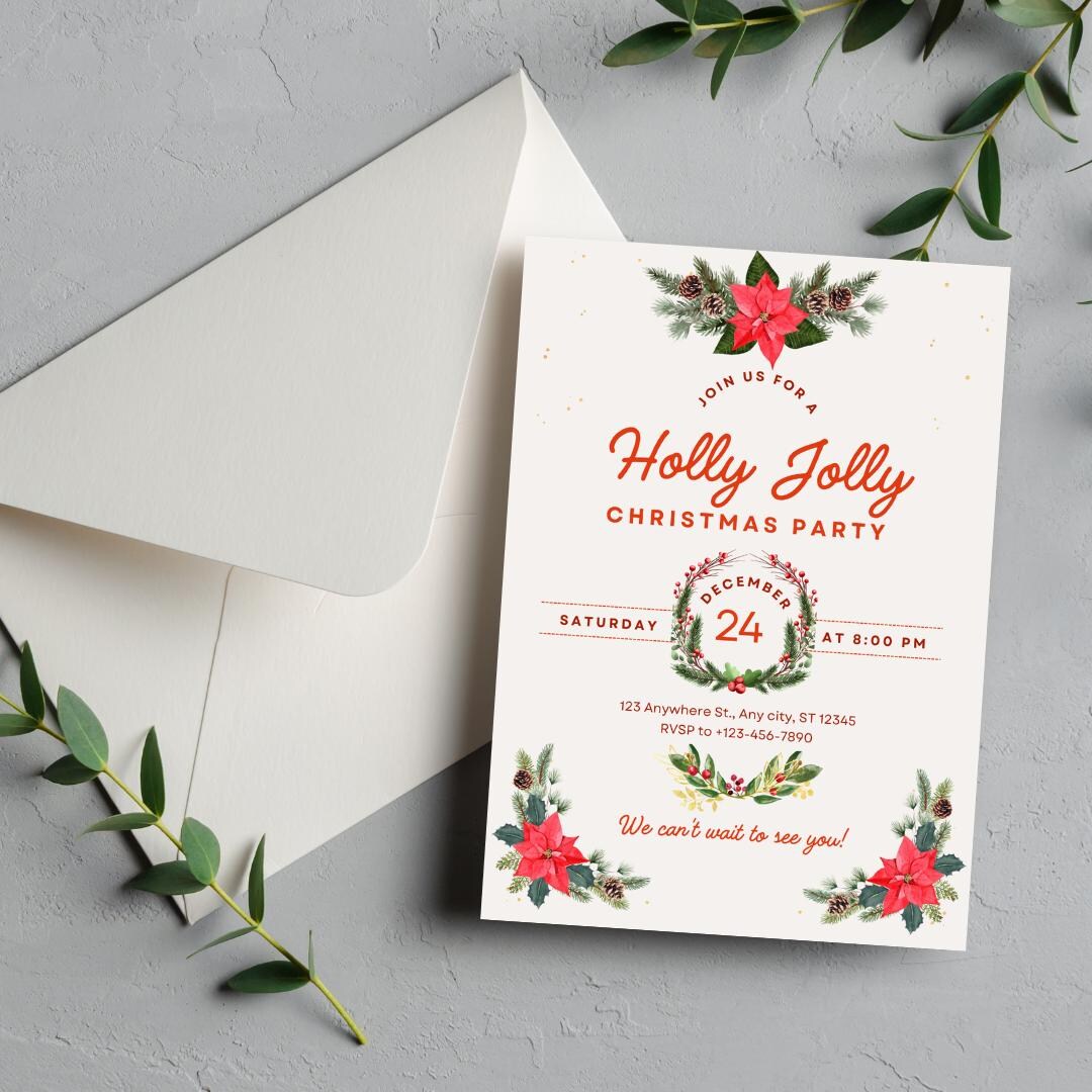 Holly Jolly Christmas Party Invitation | Poinsettia Holiday Invite ...