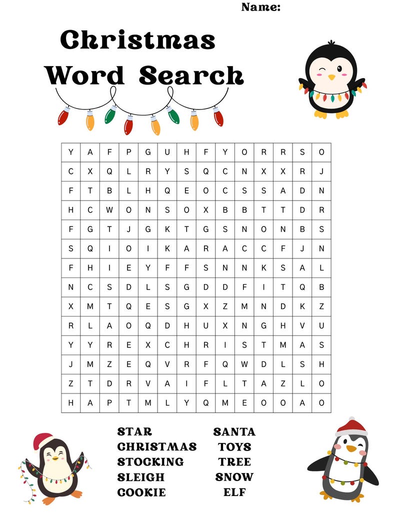Penguin Christmas Word Search - Etsy