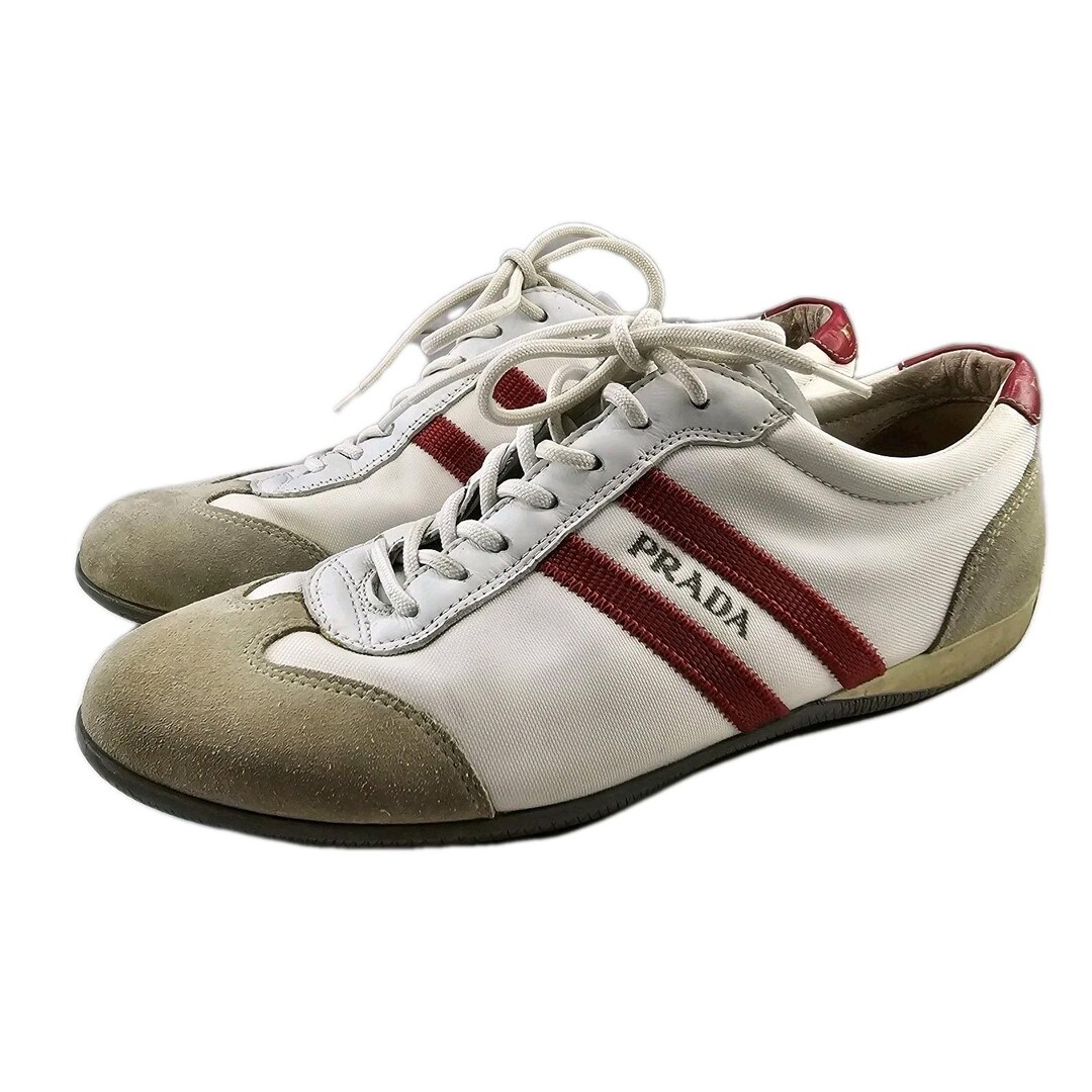 Prada White Red Stripe Canvas Suede Leather Low Top Sneakers Mens 7.5 ...