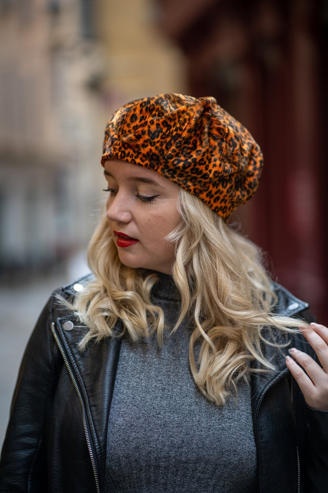 Orange and Black Leopard Print Beret Hat. Fabric Beret Hat, Handmade in ...