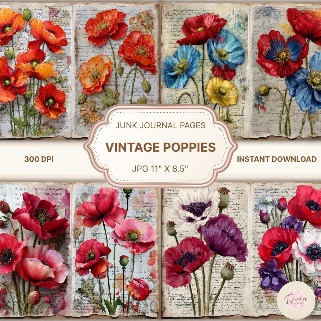 Vintage Poppies Junk Journal,poppy Scrapbook Paper,poppy Ephemera ...