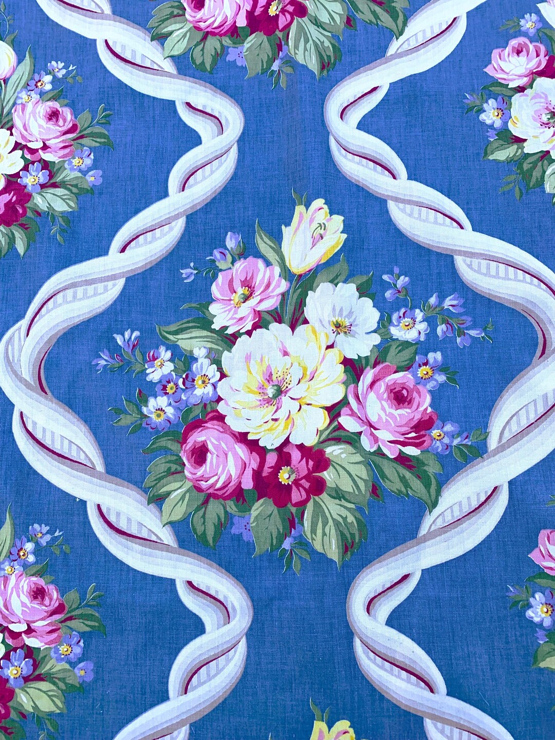 Vintage 1930s Cottagecore Cabbage Rose Curtain; 35"w X 85"l; Blue ...