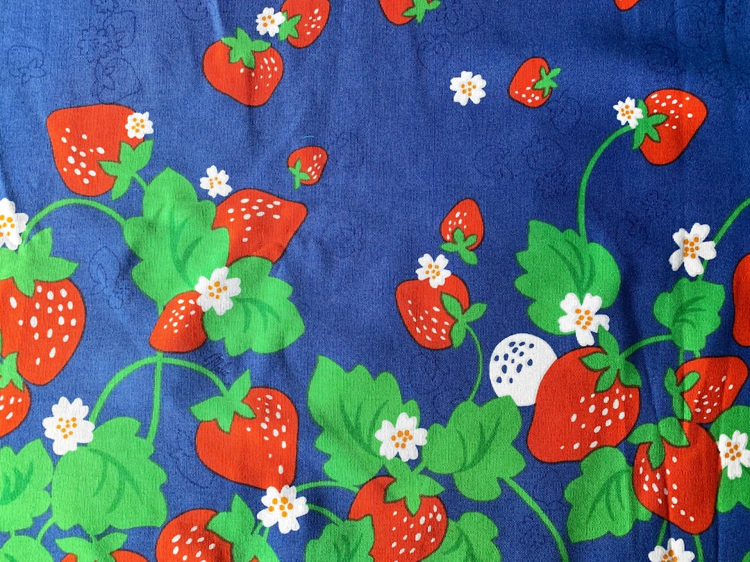 Vintage 1970s Mod Strawberry Print Fabric; 2 Coordinated Fabrics; Red ...