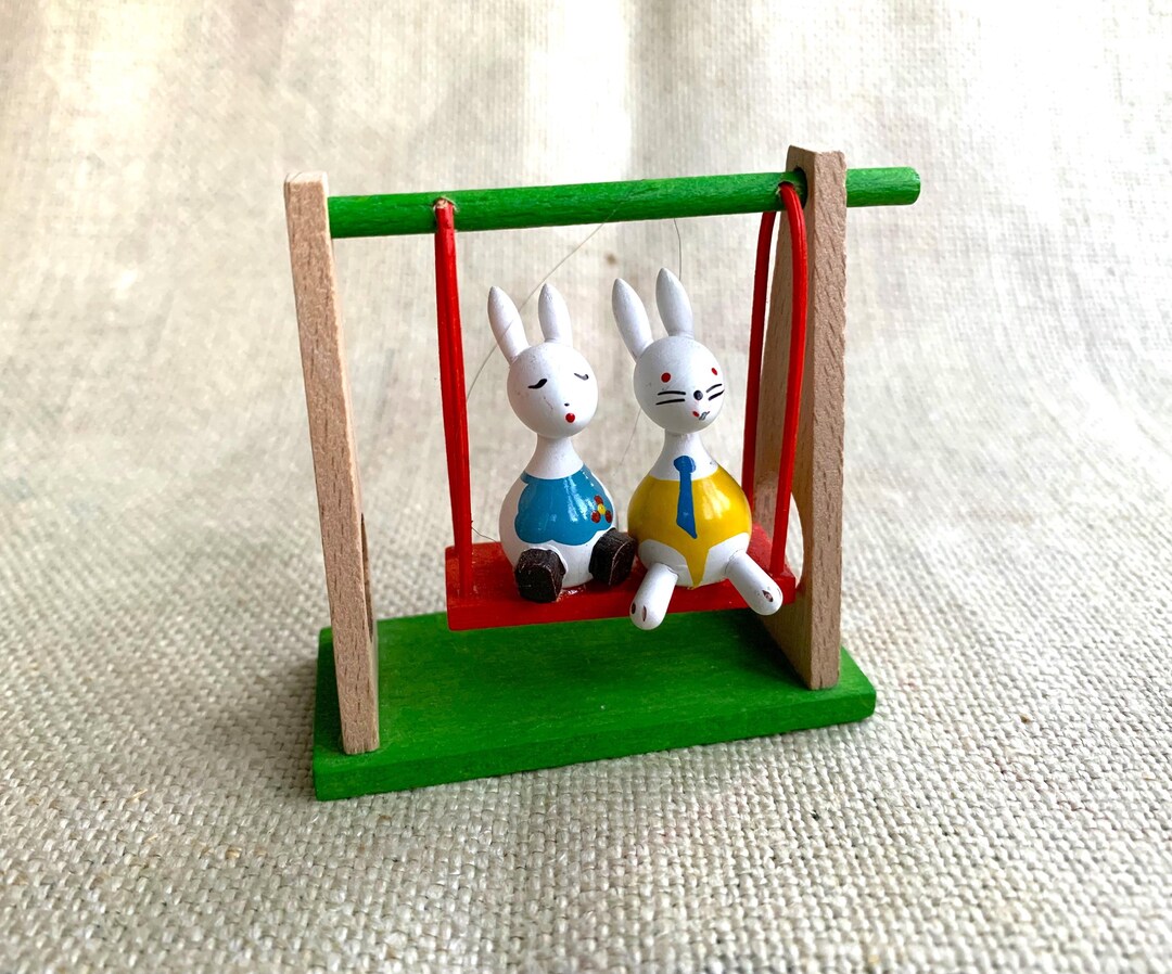Vintage Bunny Rabbit Easter Ornament; Wooden Bunnies in a Swing; Made ...
