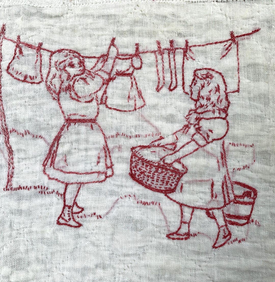 Antique Tattered Quilt Victorian Redwork Children, Dogs Cats Skaters ...