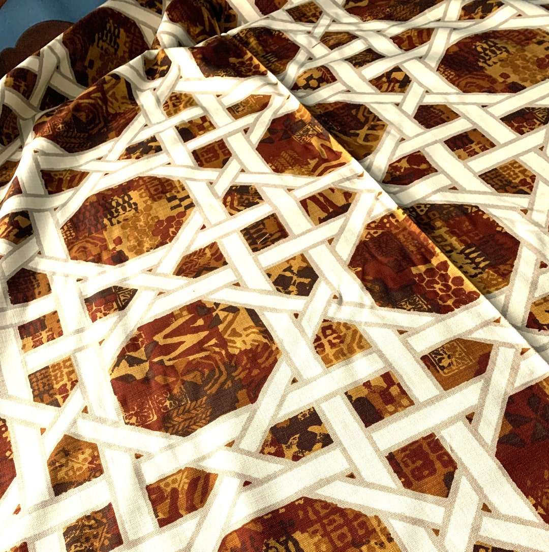 Vintage 70s MCM Decor Fabric Large Scale Lattice Print Brown, Gold ...
