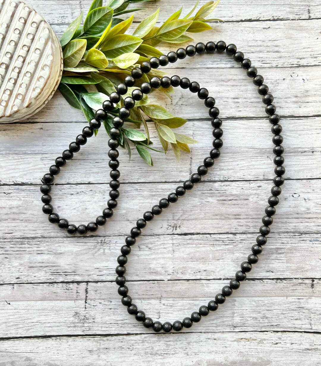 Long Black Beaded Necklace, Black Long Wood Beaded Necklace, Black ...