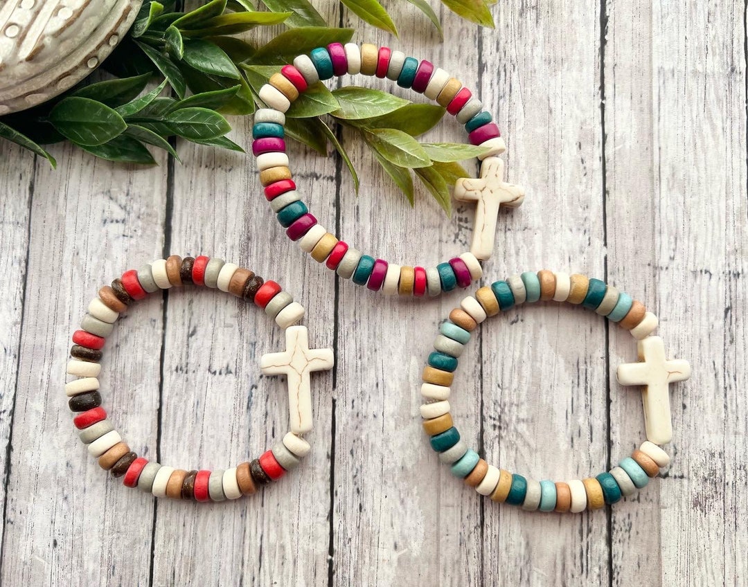 Small Cross Beaded Bracelet Fall Colors White Cross - Etsy