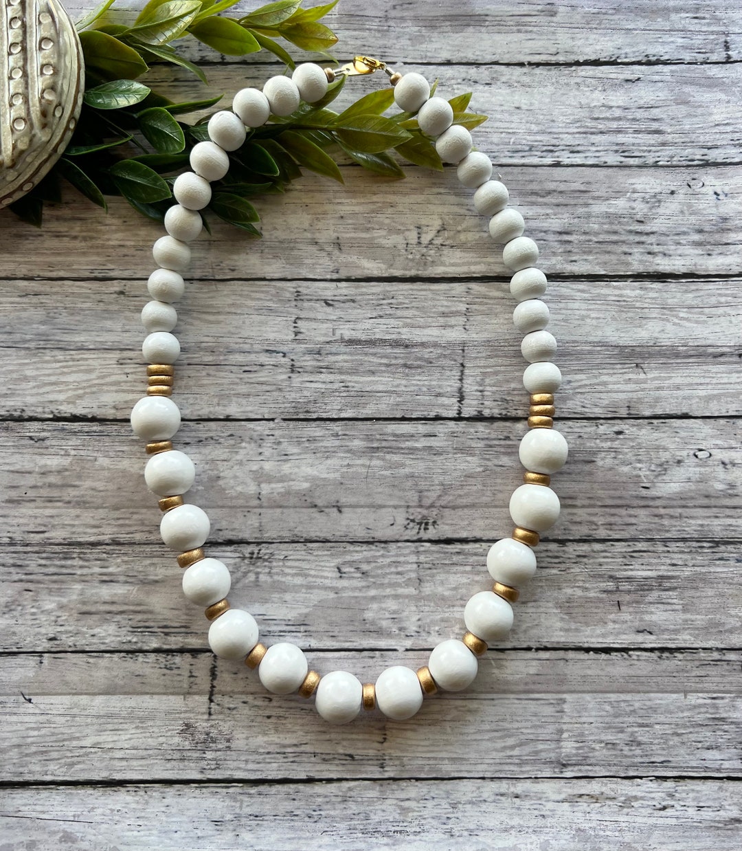 White Beaded Necklace, Bright White Wood Bead Necklace, White Statement ...