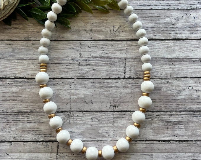 White Beaded Necklace, Bright White Wood Bead Necklace, White Statement ...