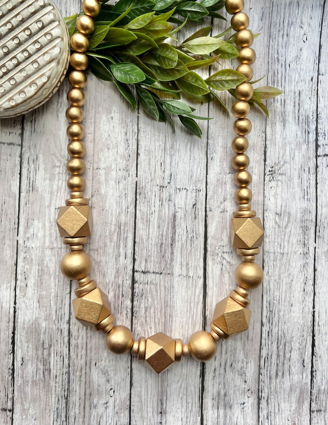 Gold Wood Bead Statement Necklace. Lightweight Gold Beaded Necklace ...