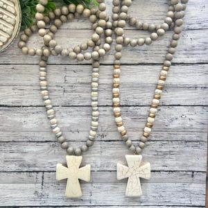 Gray Cross Necklace, Wood Bead Necklace, Long Necklaces With Cross ...