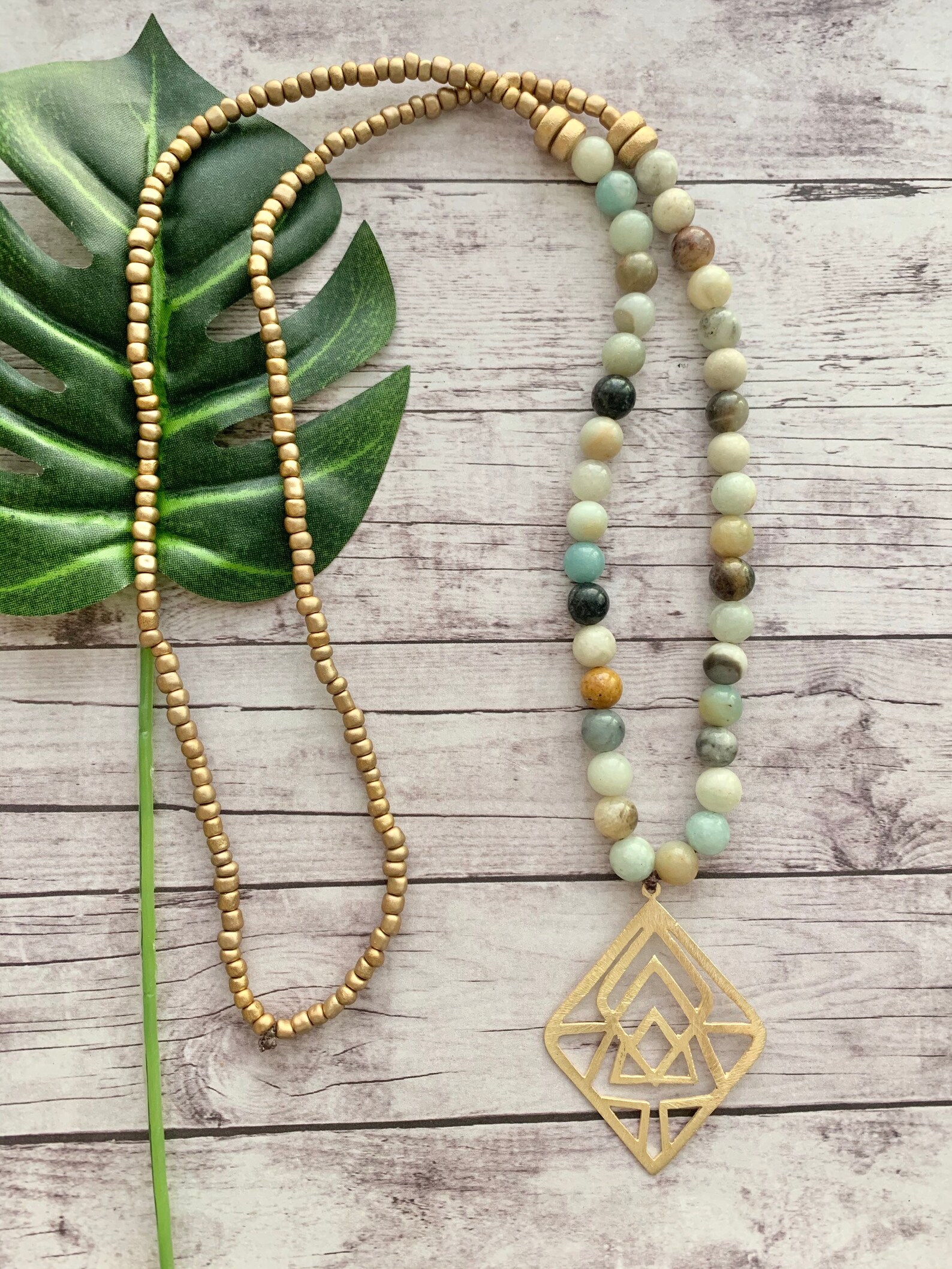 Gold Geometric Diamond Pendant. Gemstone Amazonite Beads. Gold - Etsy