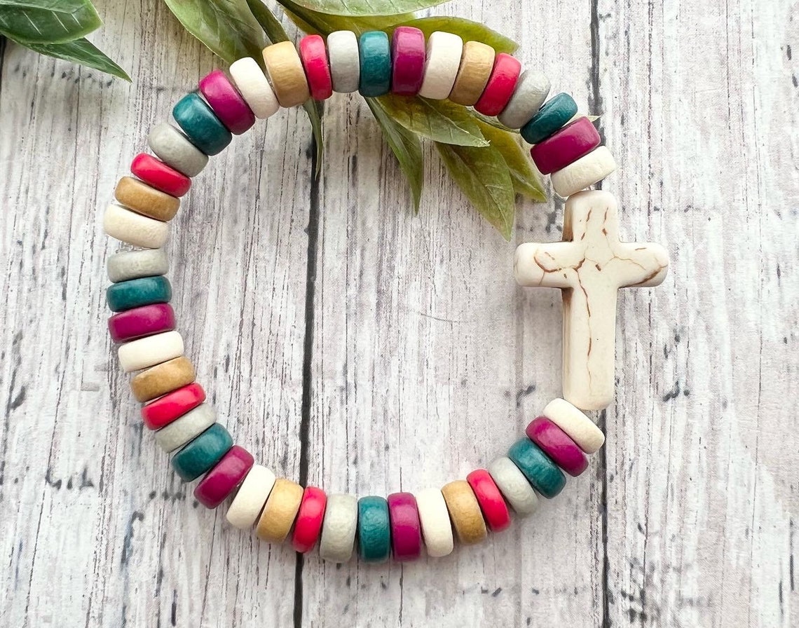Small Cross Beaded Bracelet Fall Colors White Cross - Etsy