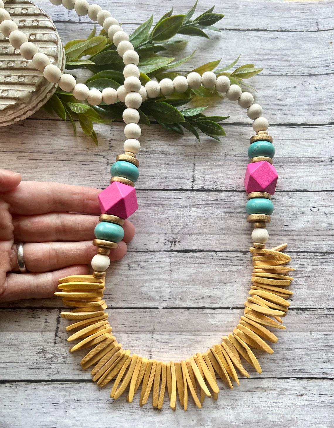 Yellow Beaded Necklace, Yellow Statement Necklace, Hot Pink and Yellow ...