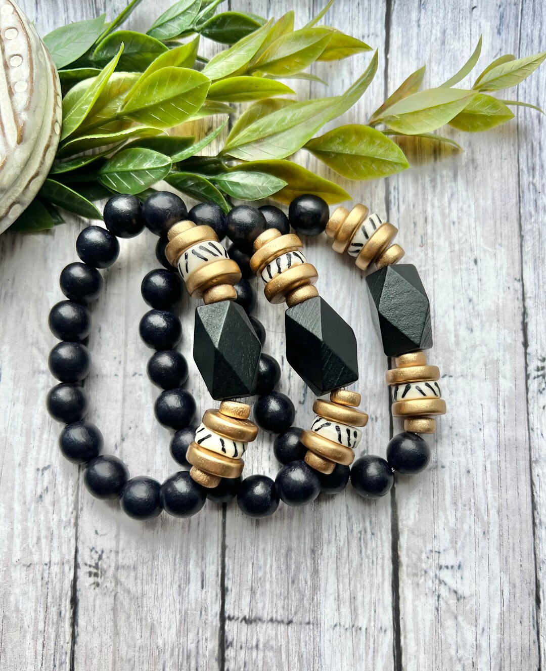 Black Beaded Bracelet, Black Wood Stacking Bracelets, African Bone ...