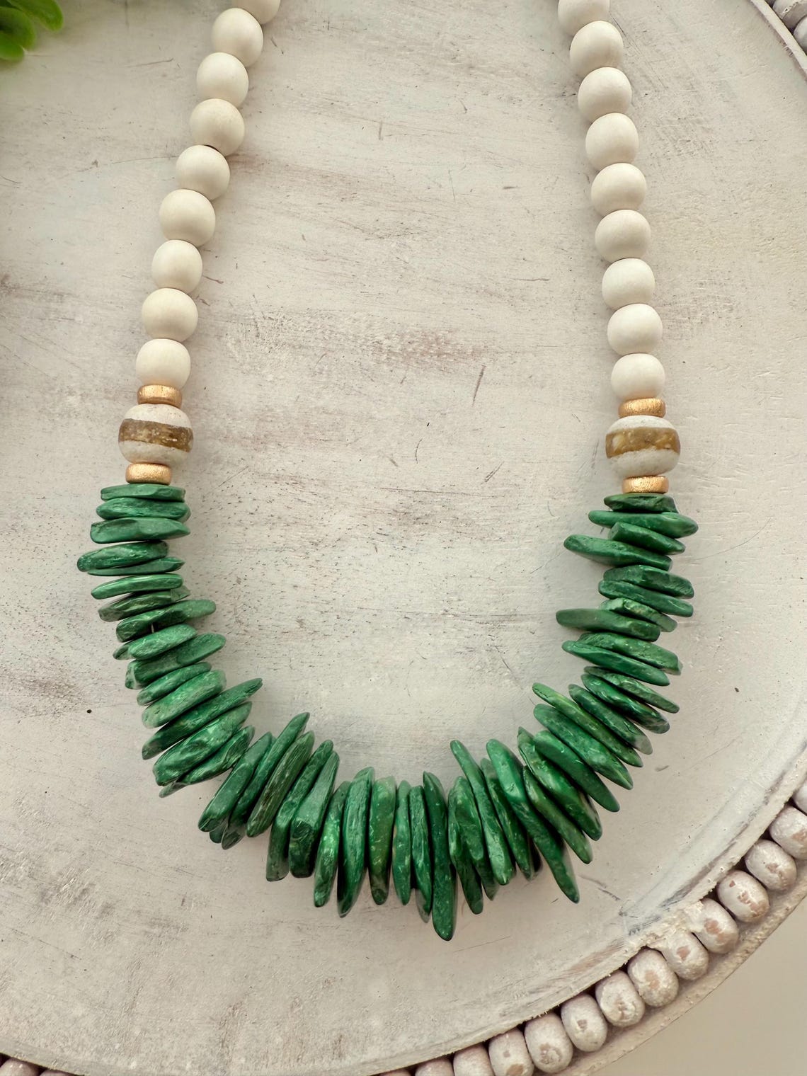 Green Beaded Necklace, Green Statement Necklace, Chunky Green Wood Bead ...
