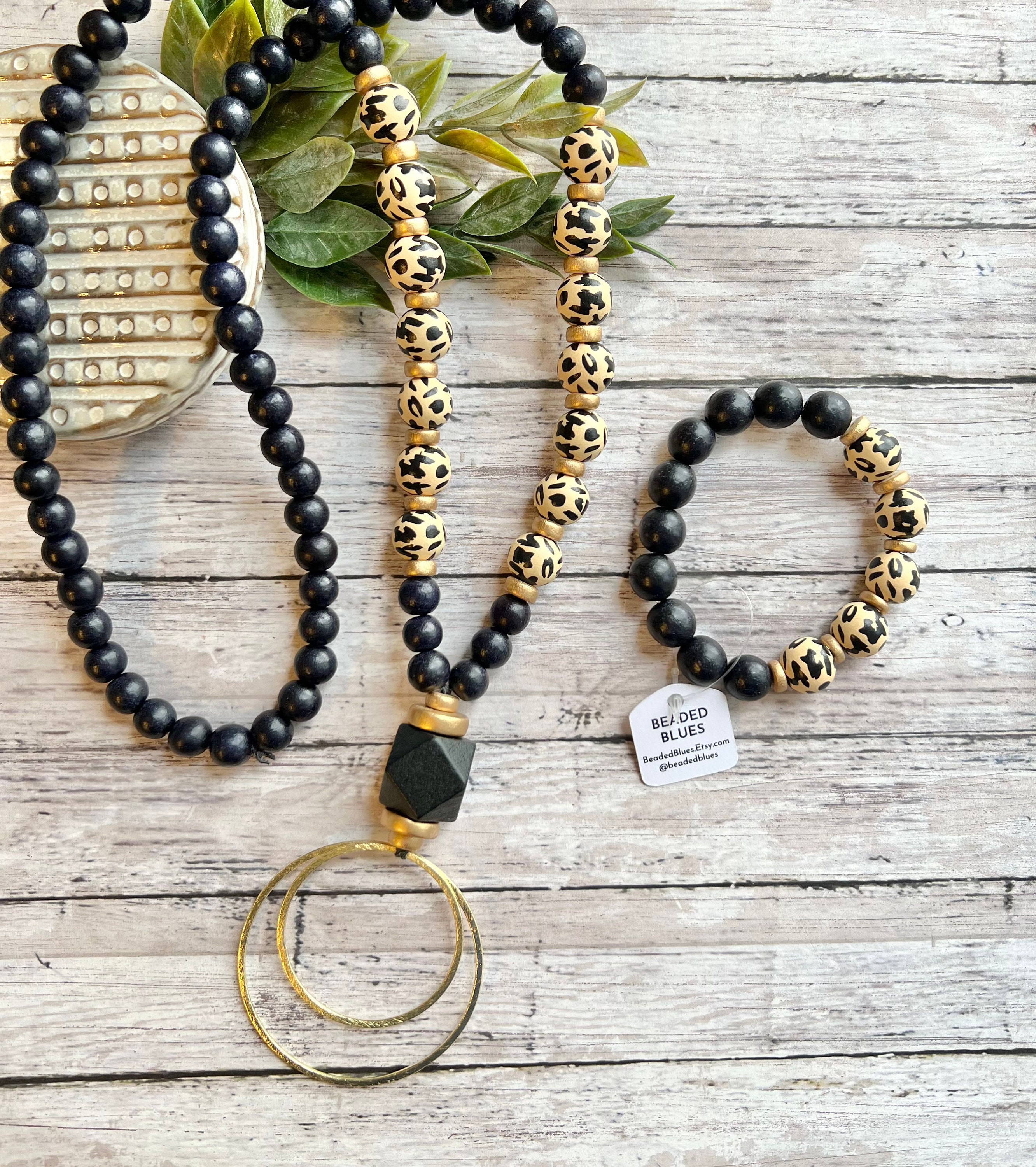 Black Animal Print Cheetah Wood Bead Necklace. Gold Circle Pendant ...
