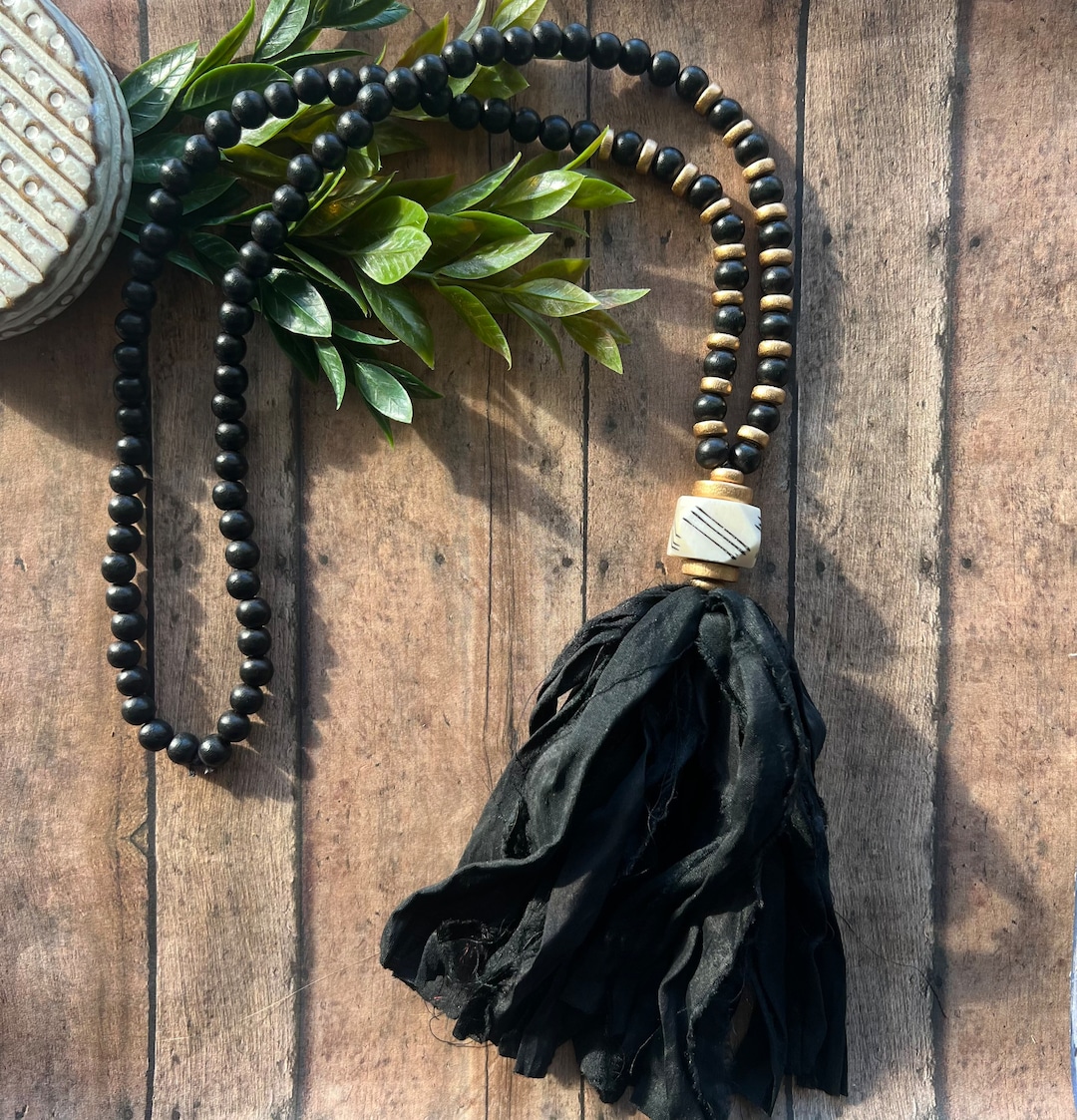 Black Tassel Necklace, Fabric Tassel Necklace, Black Material Tassel ...