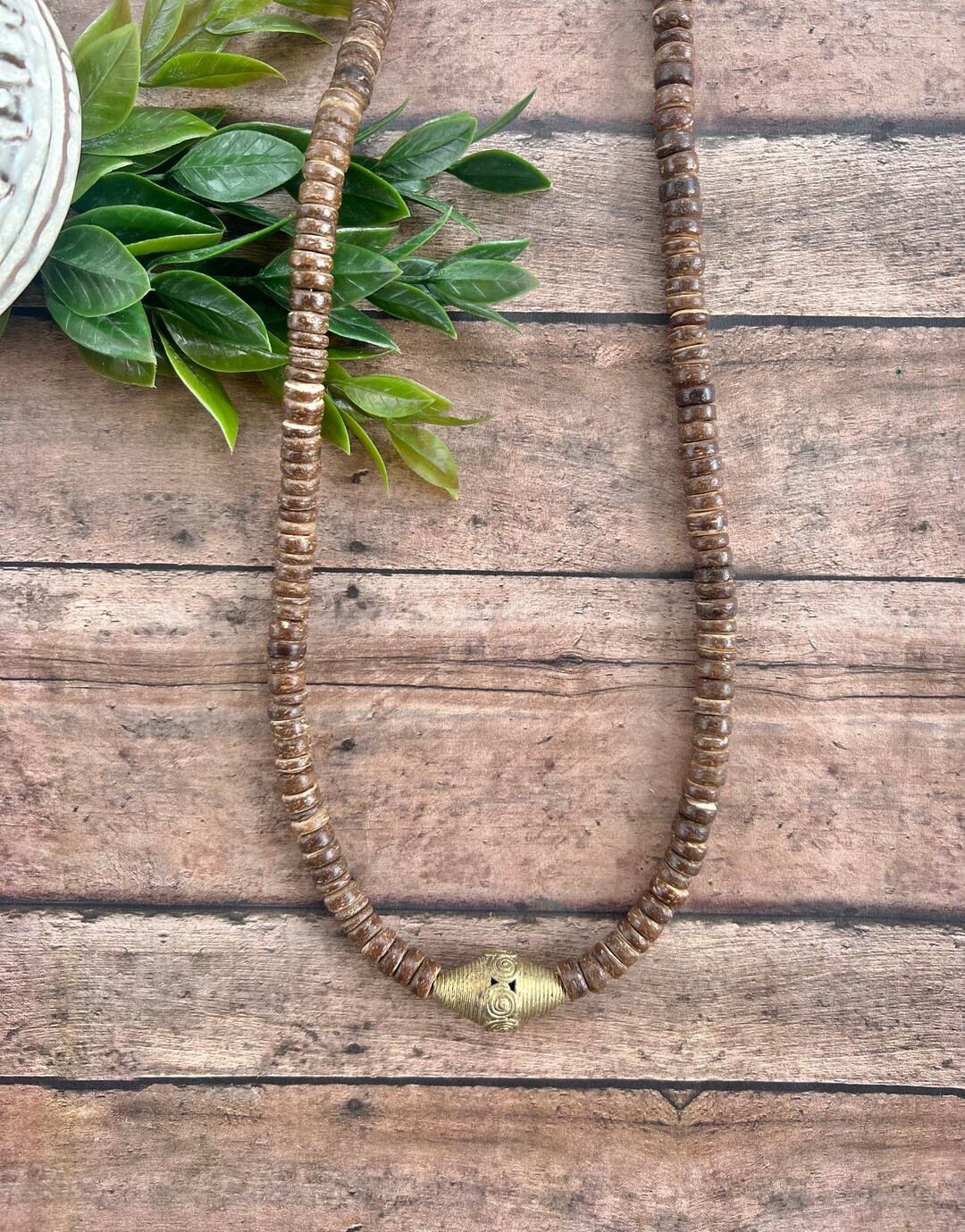 Brown Coconut Bead Necklace, Beaded Layering Necklace, Brass Bead ...
