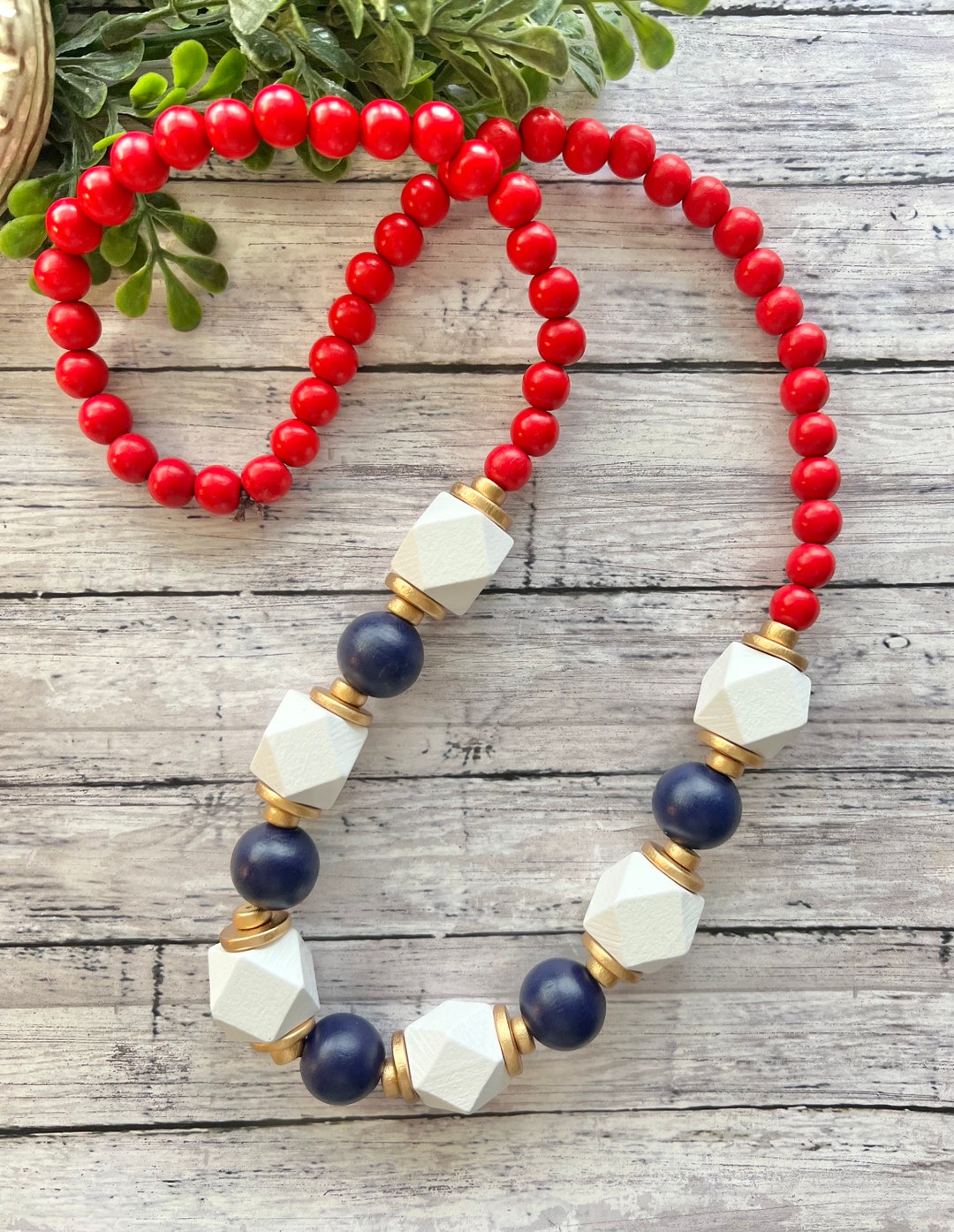 Blue and Red Beaded Necklace, American Beaded Necklace, Red White and ...