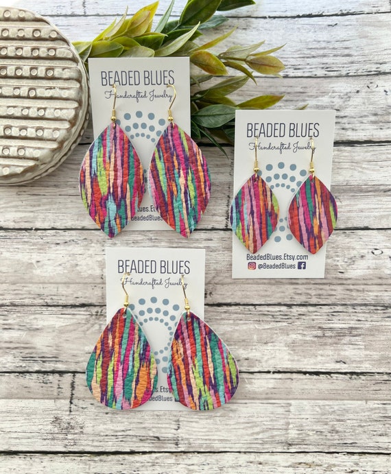 Pink Multi color leather earring. Colorful stripes. Pink. Purple. Turquoise. Rainbow Lightweight real leather. Petal. Teardrop