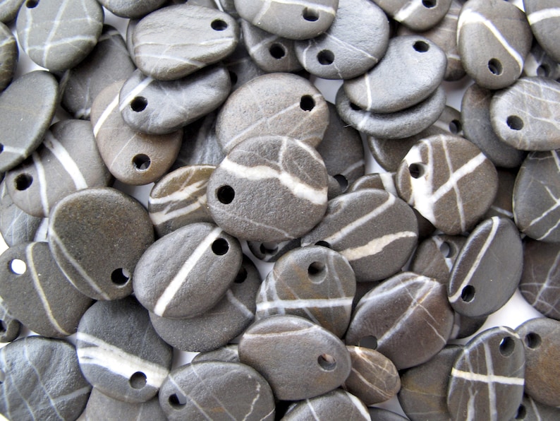 Drilled FOUR Small Striped River Rock Jewelry Making Beads Charms With ...