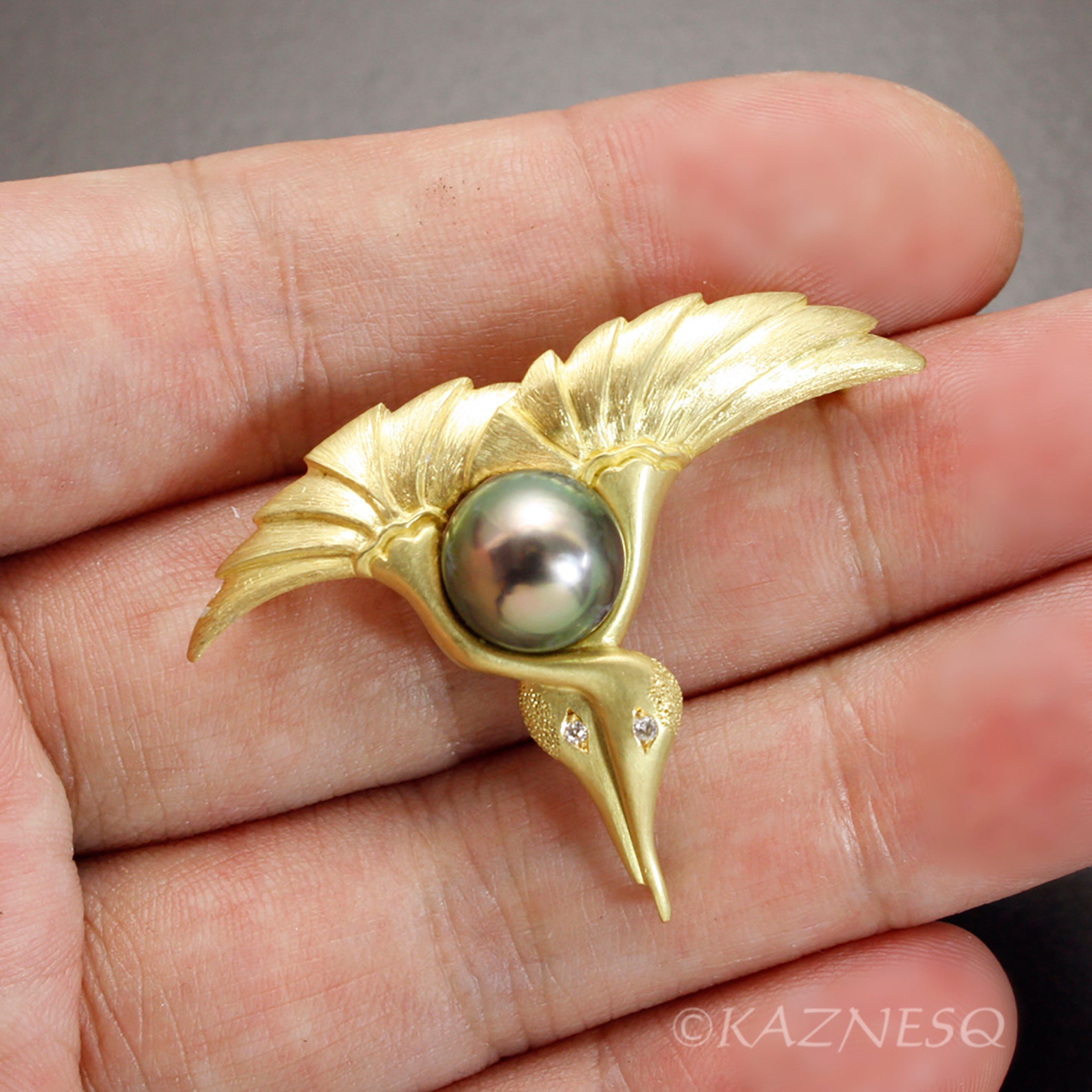 18K Gold Brooch, Japanese Art Brooch, Eternal Love Brooch, Two Cranes ...