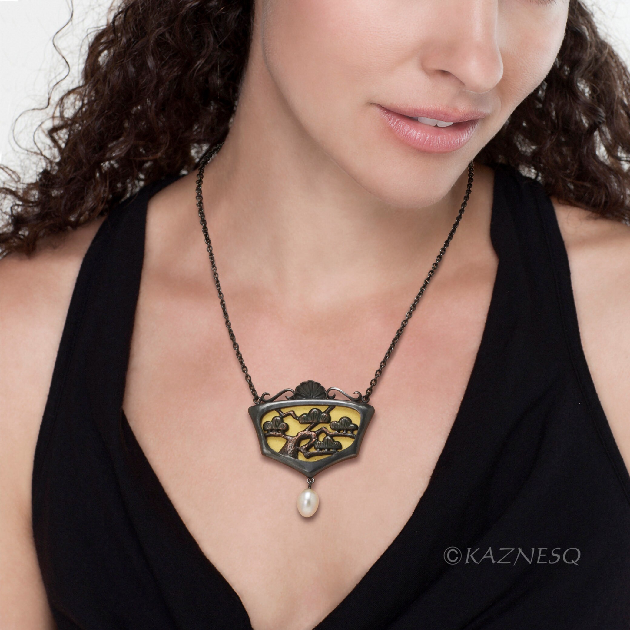 Pine Tree Japanese Art Pendant Necklace of Keum Boo and Oxidized Silver ...