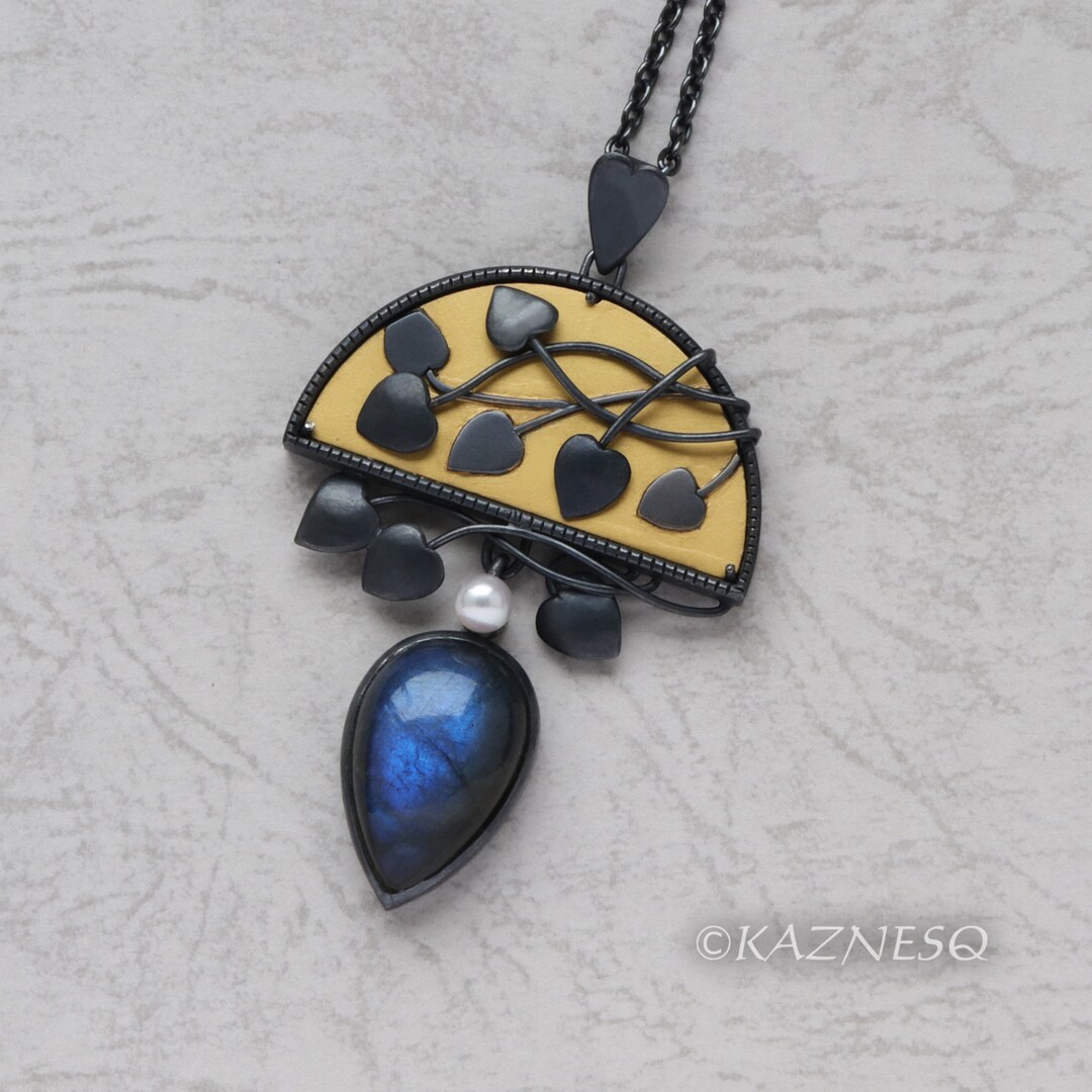 Leaf Motif Fan Shape Keum Boo Labradorite Oxidized Silver Pendant ...