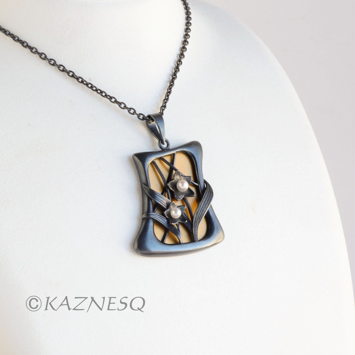 Art Nouveau Style Flower Keum Boo Pendant Necklace, Oxidized Silver and ...