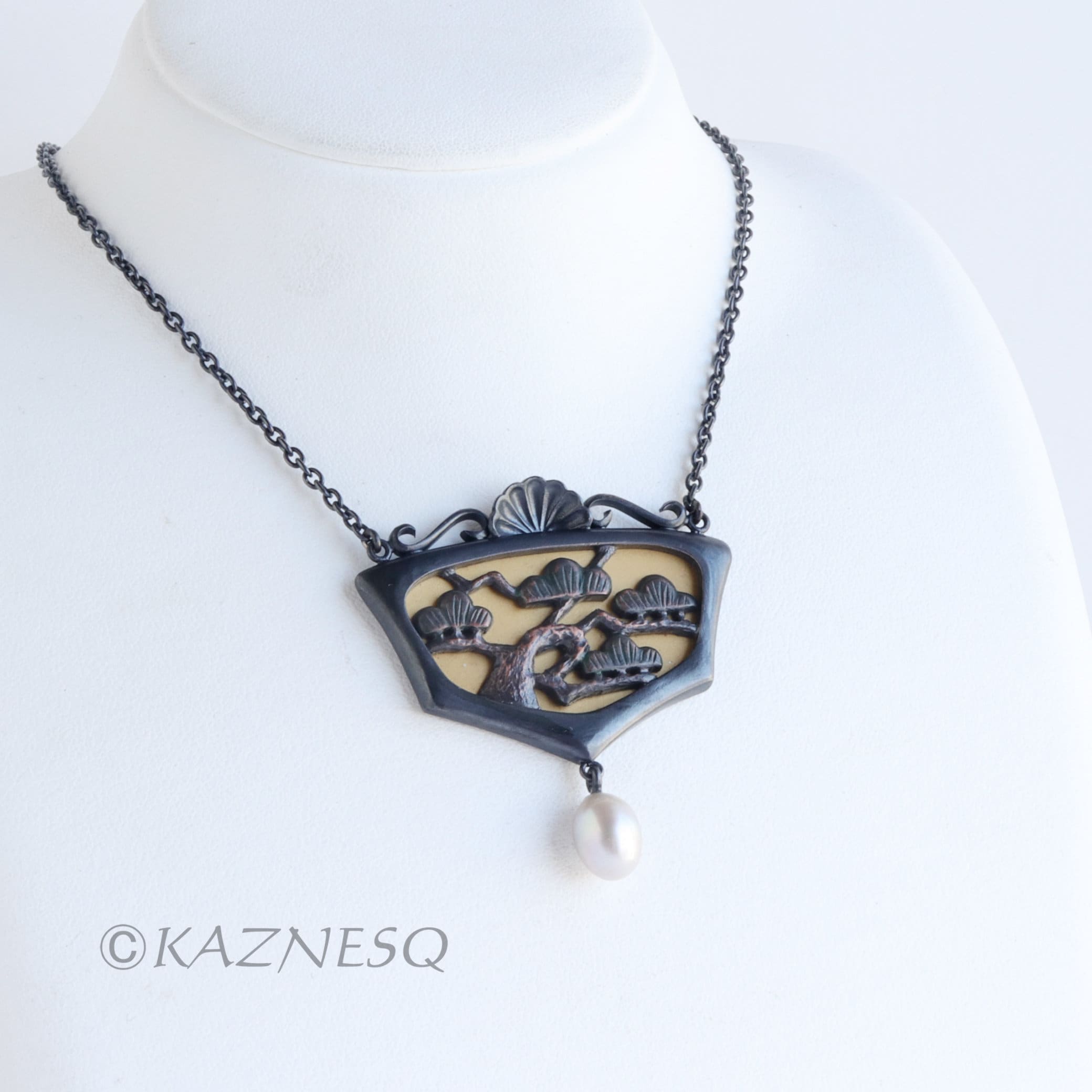 Pine Tree Japanese Art Pendant Necklace of Keum Boo and Oxidized Silver ...