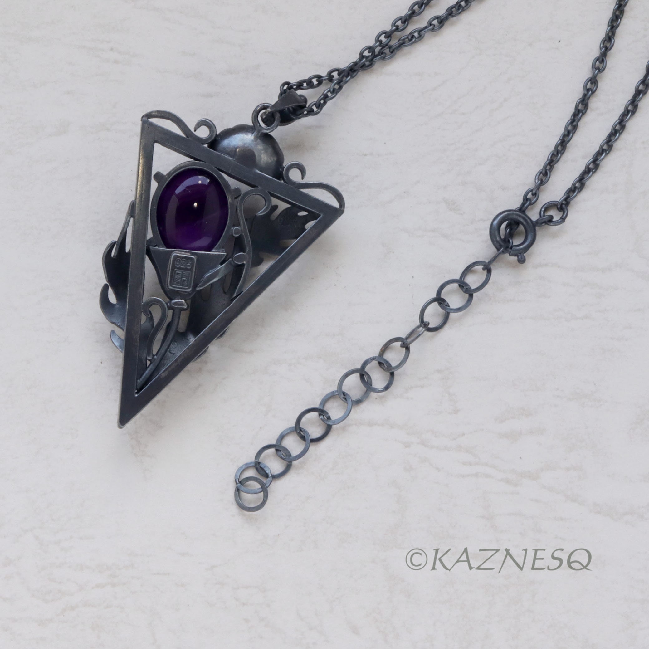 Thistle Motif Triangle Goth Taste Oxidized Silver Pendant Necklace With ...