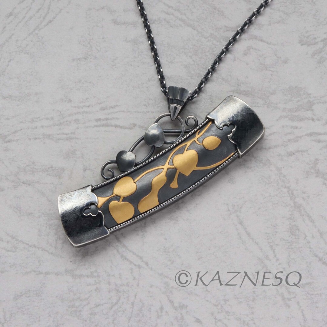 Japanese Sword Sheath Inspired Gourd Motif Keum Boo Oxidized Silver ...