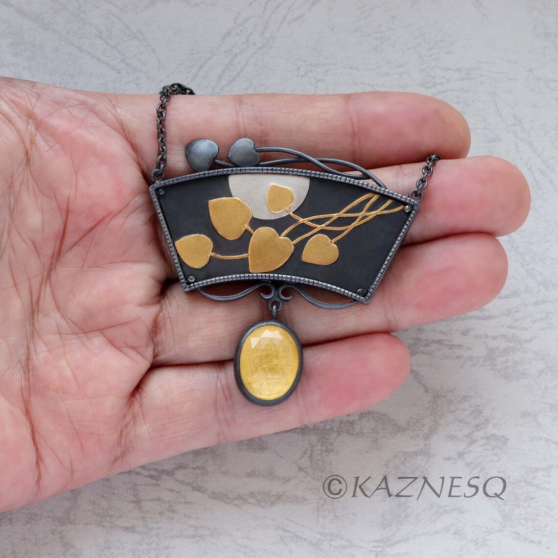 Keum Boo Leaves and Moon Pendant: Oxidized Silver Necklace With Yellow ...
