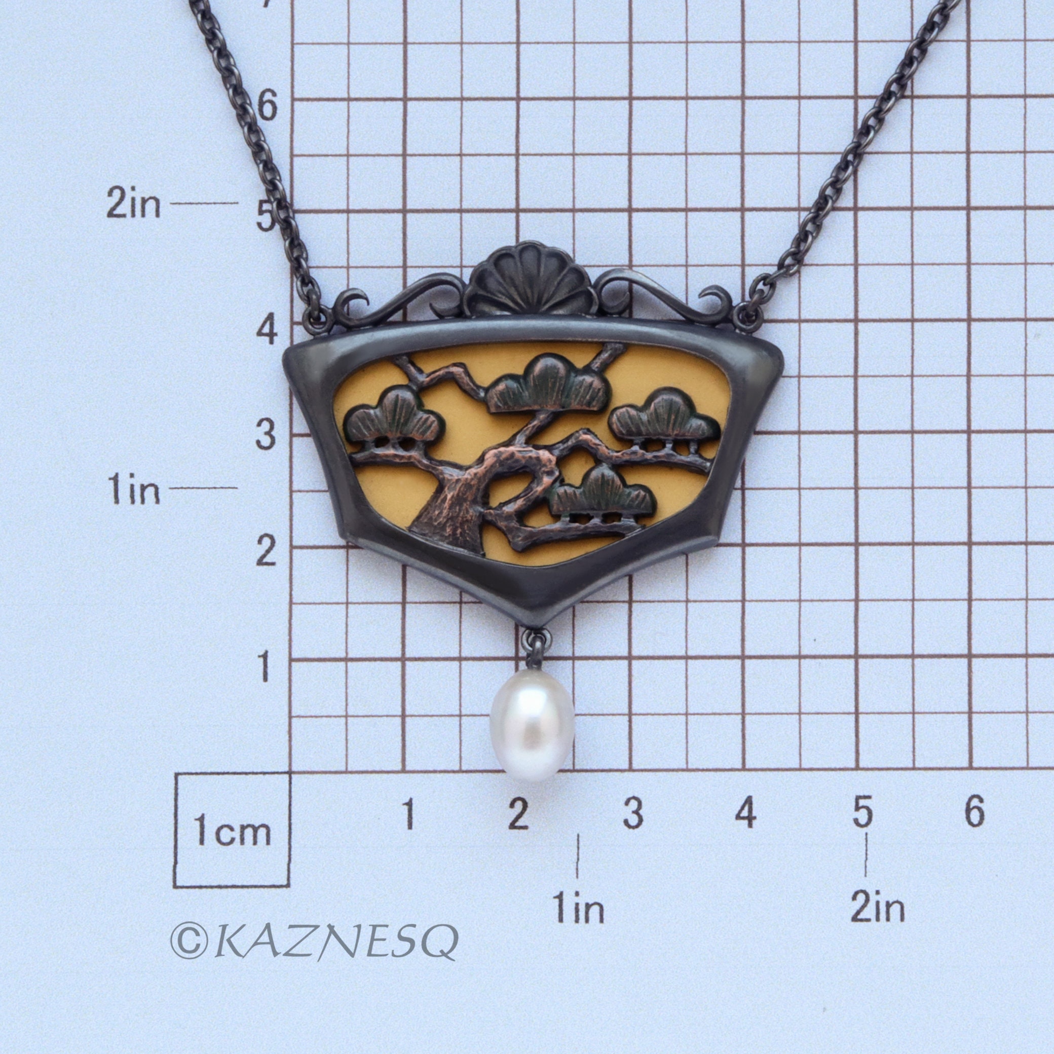 Pine Tree Japanese Art Pendant Necklace of Keum Boo and Oxidized Silver ...