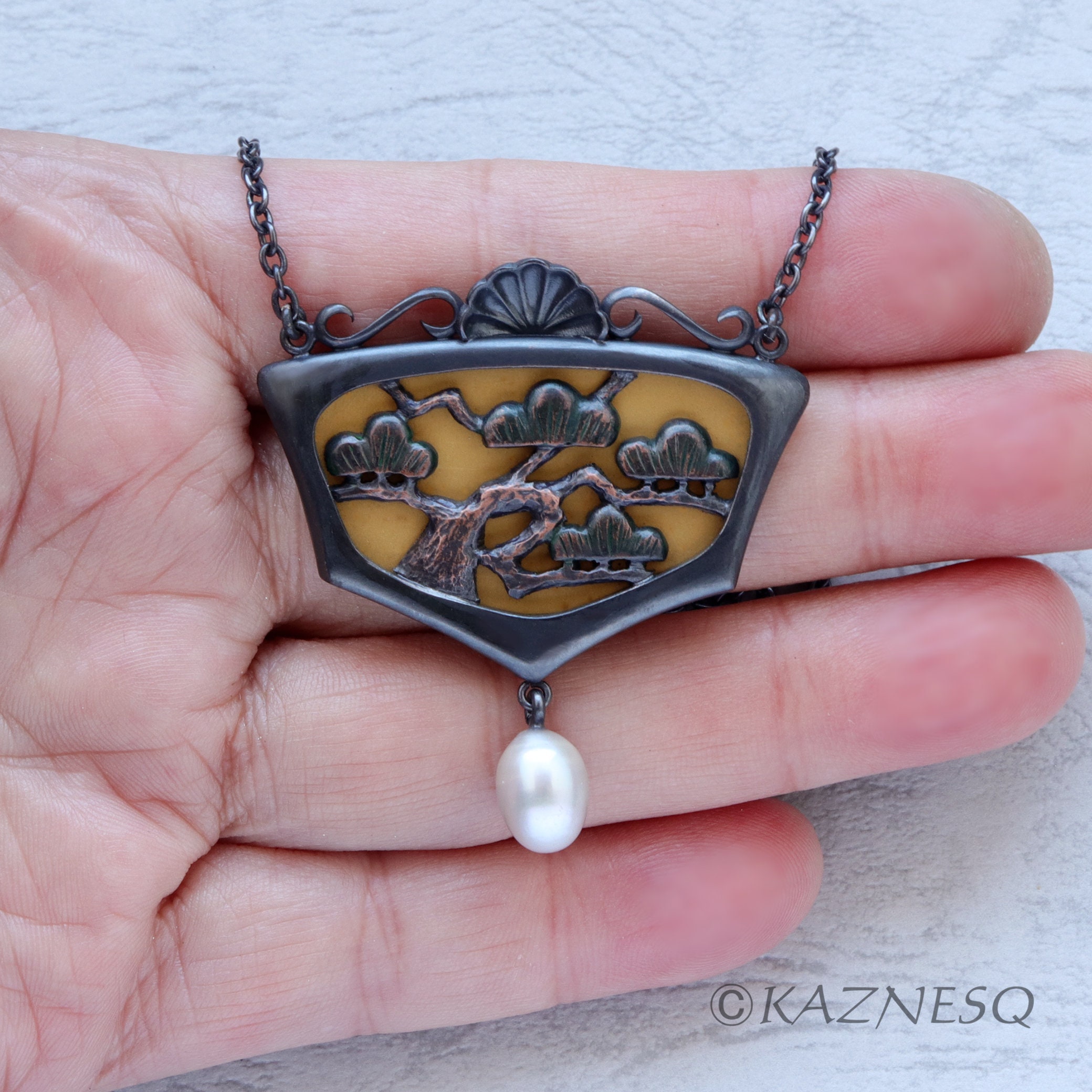 Pine Tree Japanese Art Pendant Necklace of Keum Boo and Oxidized Silver ...