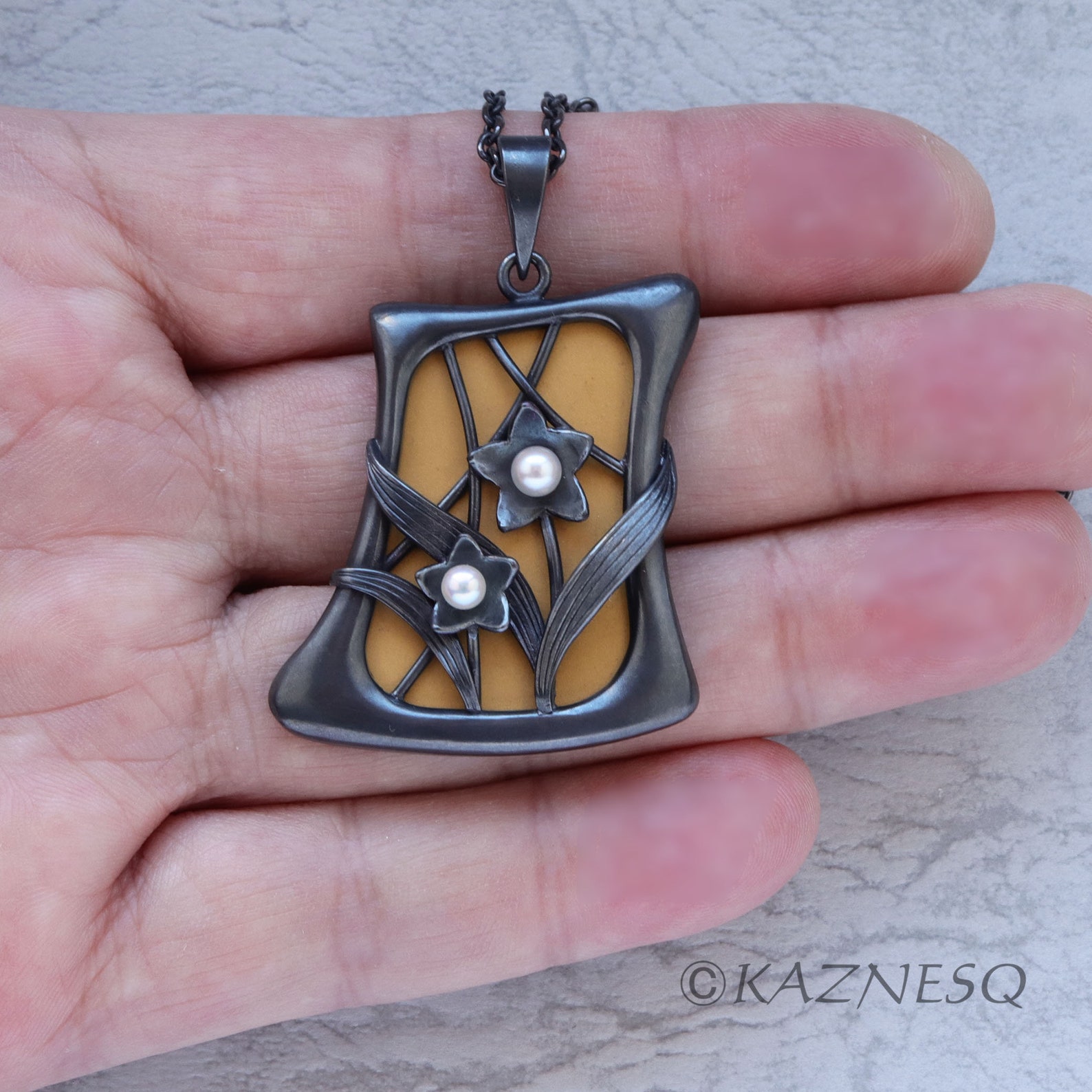 Art Nouveau Style Flower Keum Boo Pendant Necklace, Oxidized Silver and ...