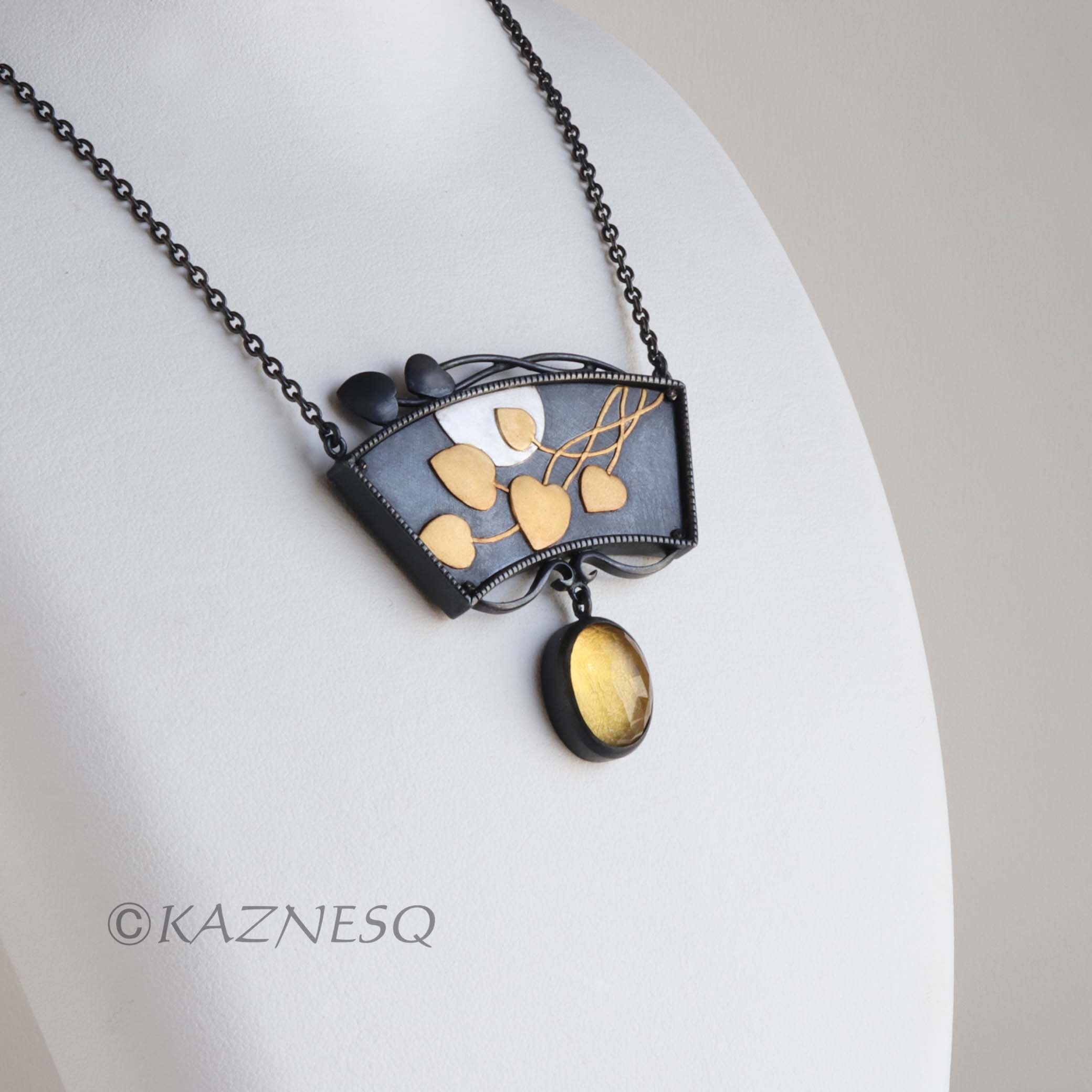 Keum Boo Leaves and Moon Pendant: Oxidized Silver Necklace With Yellow ...