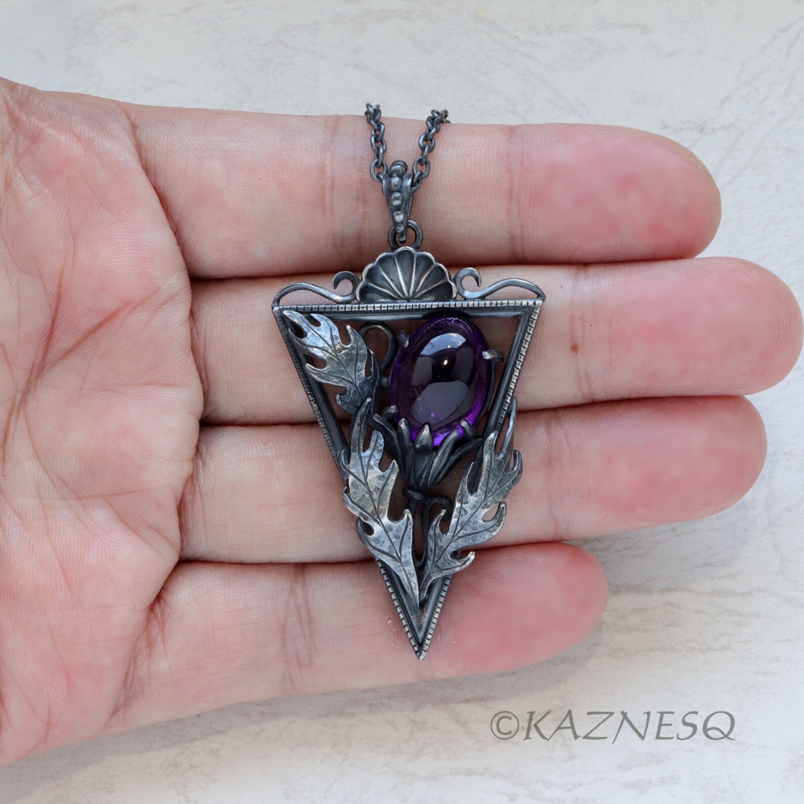 Thistle Motif Triangle Goth Taste Oxidized Silver Pendant Necklace With ...